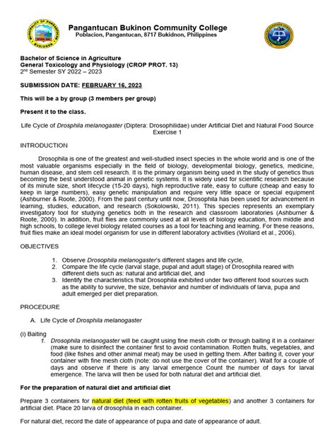 Performance Task 1 Laboratory Cp 13 Pdf Pupa Drosophila Melanogaster