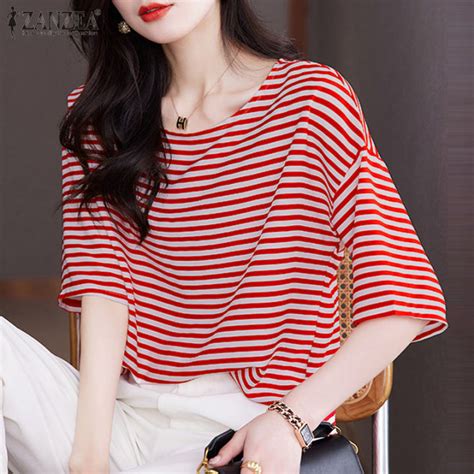 Zanzea Korean Style Womens Short Sleeve Striped Tee Blouse Casual Loose