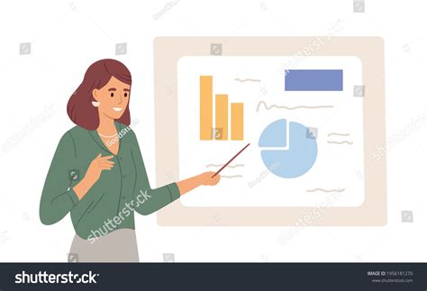 商业研讨会期间，女发言人指着白板上的演示文稿。办公室工作人员用指针在白板上显示报告。孤立的平面图形矢量插图中的女人在活动挂图 库存矢量图（免