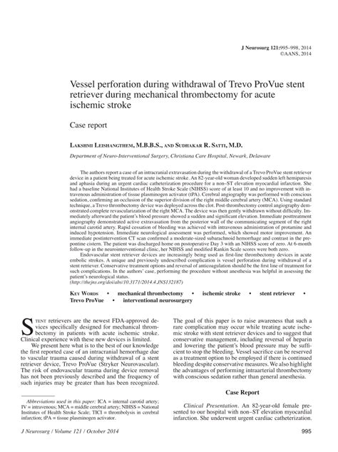 PDF Vessel Perforation During Withdrawal Of Trevo ProVue Stent Retriever During Mechanical
