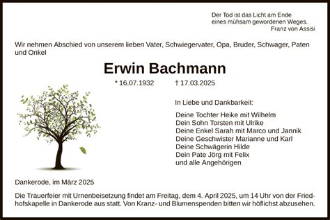 Traueranzeigen Von Erwin Bachmann Trauer Hna De