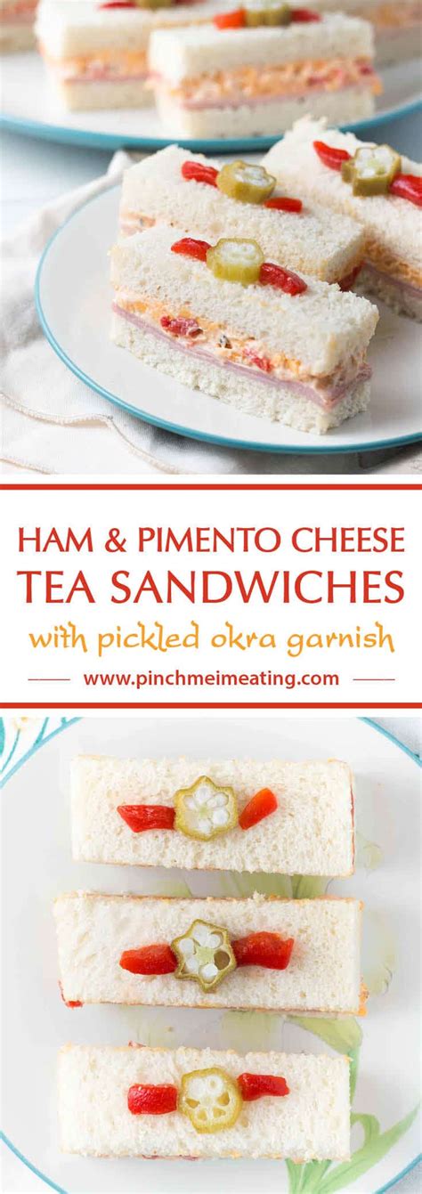 Ham And Pimento Cheese Tea Sandwiches With Pickled Okra Garnish Pinch