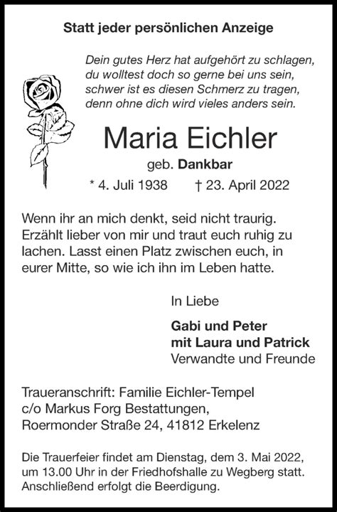 Traueranzeigen Von Maria Eichler Aachen Gedenkt
