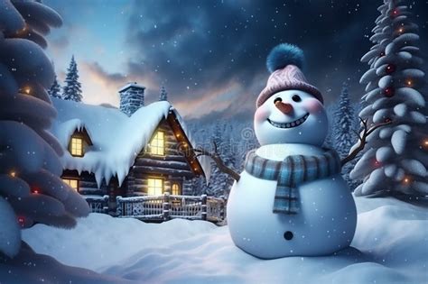 Snowman In Magical Winter Season Happy Snowman Christmas Scene Stock Illustration