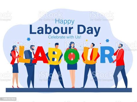 그룹 Labor Teamwork라는 단어를 들고 있는 사업가 또는 전문직 및 전문가의 근로자와 함께하는 행복한 국제 노동절 플랫