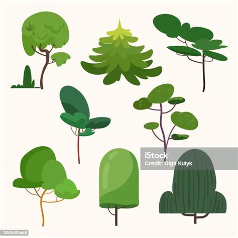 녹색 트리 벡터 집합입니다 자연 숲 나무 컬렉션 흰색 배경에 격리 된 양식에 일치 플랫 일러스트 나뭇가지에 대한 스톡 벡터 아트