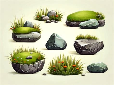 Premium Vector Vector Stones With Grass Isolated Isolated