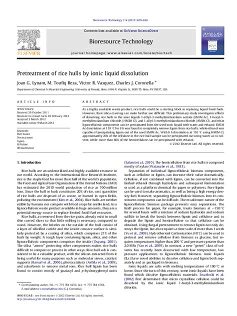 Pdf Pretreatment Of Rice Hulls By Ionic Liquid Dissolution