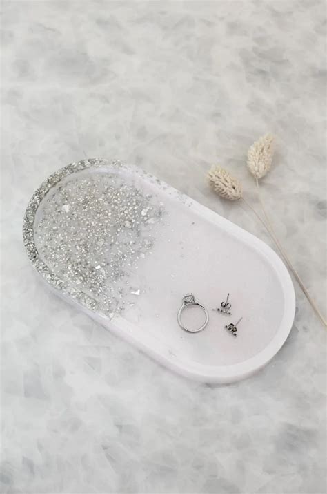 Crushed Glass White Pearl Resin Vanity Tray Oval Tray Etsy In 2023