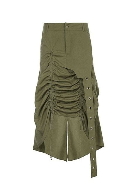 Y2k Green Drawstring Ruched Irregular Split Long Cargo Skirt Xl Green