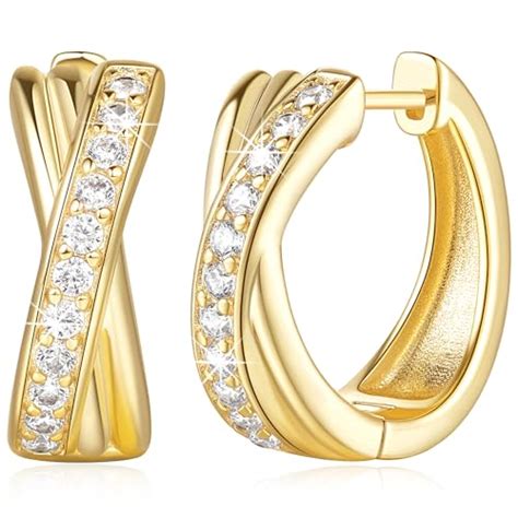 Womens 14k Yellow Gold Latch Back Diamond Hoop Earrings X Shaped Huggie Style Radiate