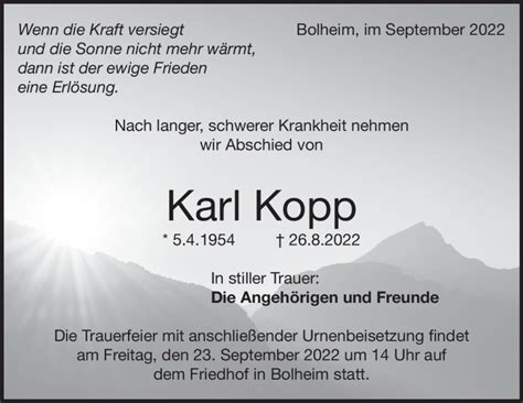 Traueranzeigen Von Karl Kopp Trauer Hz De
