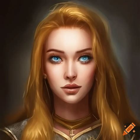 Strong And Noble Woman With Piercing Blue Eyes And Long Golden Hair In