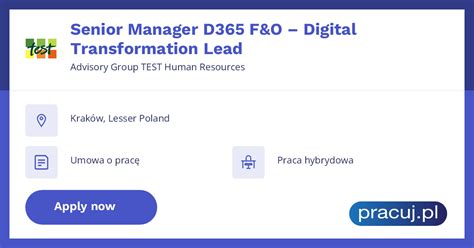Oferta Pracy Senior Manager D365 Fando Digital Transformation Lead Advisory Group Test Human