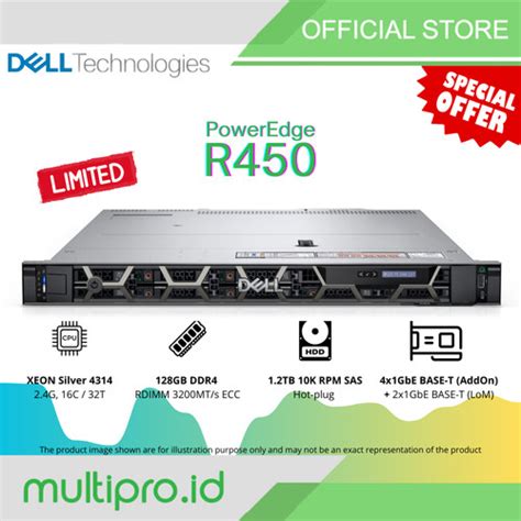 Promo Server Dell R450 Xeon Silver 4314 16GB 1 2TB SAS PowerEdge 32GB