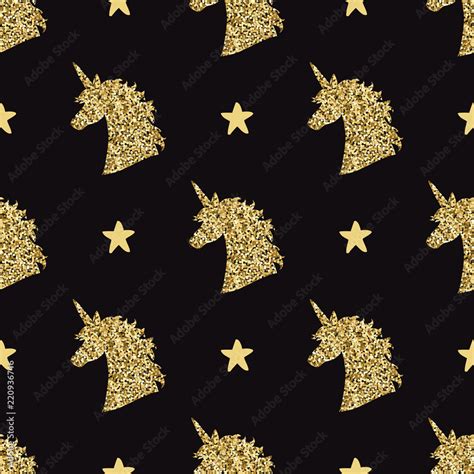 Vector Seamless Pattern With Golden Magical Unicorn Head Silhouettes