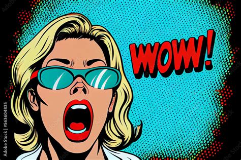 Wow Pop Art Gesicht Sexy überraschte Pin Up Frau Mit Der Aufschrift