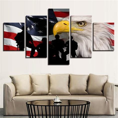American Flag With Bald Eagle And Soldiers Animal 5 Panel Canvas Art