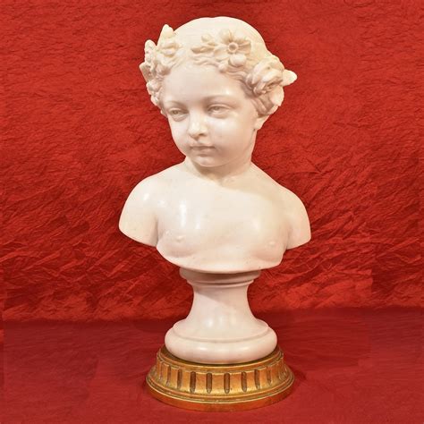 Antique Marble Statues Bust Of Young Girl With Flower Wreath Sculpture