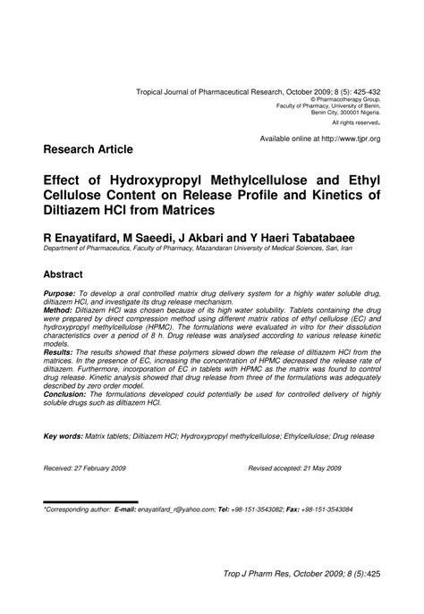Pdf Effect Of Hydroxypropyl Methylcellulose And Ethyl Cellulose Content On Release Profile And