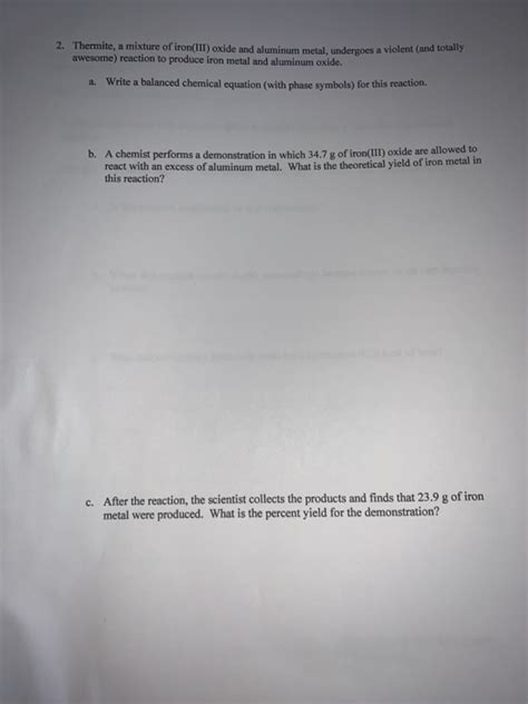 Solved 2 Thermite A Mixture Of Iron Iii Oxide And