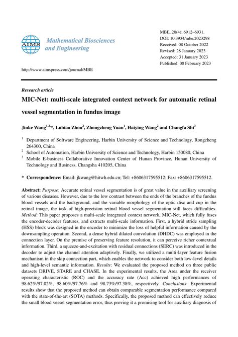 Pdf Mic Net Multi Scale Integrated Context Network For Automatic Retinal Vessel Segmentation