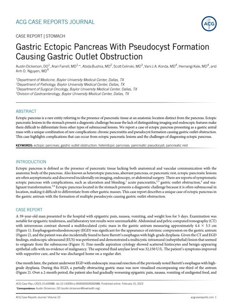 Pdf Gastric Ectopic Pancreas With Pseudocyst Formation Causing