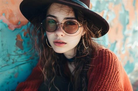 Woman Wearing Sunglasses And A Hat Against A Wall Generative Ai
