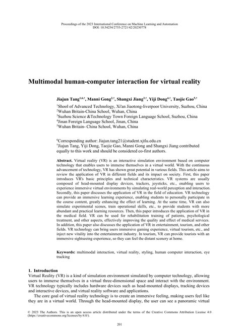 Pdf Multimodal Human Computer Interaction For Virtual Reality