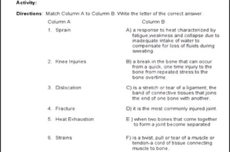 Activity Directions Match Column A To Column StudyX