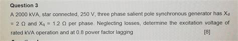 Solved A 2000kva Star Connected 250 V Three Phase Salient
