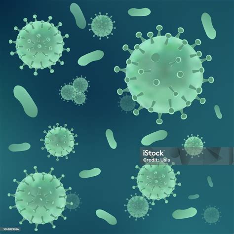 Microscop 綠色 Backgorund 下的逼真病毒細菌病毒 微生物細胞3d 向量圖示向量圖形及更多病毒圖片 病毒 分子 細胞