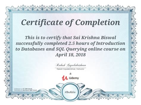 Sai Krishna Biswal On Linkedin Completion Certificate For Introduction To Databases And Sql