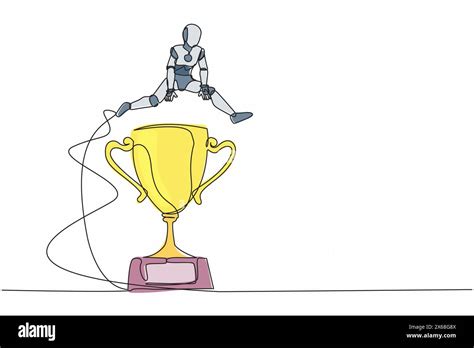 Continuous One Line Drawing Robot Jumping Over Big Trophy Challenge Or Succeed In Business