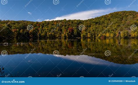 Aerial Of A Lake In Upstate New York During The Colorful Fall Foliage