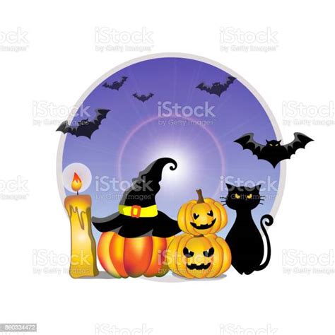 귀여운 만화 벡터 및 일러스트 레이 션 할로윈 호박 초 롱 마녀 모자 검은 고양이 촛불 및 보름달 빛 박쥐 비행의 실루엣의 격리 및 배경 10월에 대한 스톡 벡터 아트 및