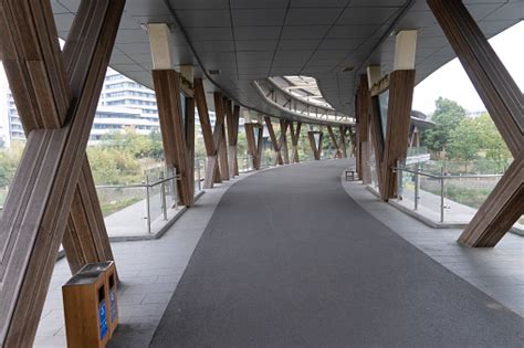 아스팔트로 덮여 강을 가로 질러 도로 다리 생태 나무 기둥과 비에 대한 보호를위한 현대적인 지붕 유리와 금속 지붕 보행자 통로 0명에 대한 스톡 사진 및 기타 이미지