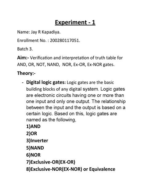 experiment 1 aim theory digital logic gates pdf logic gate