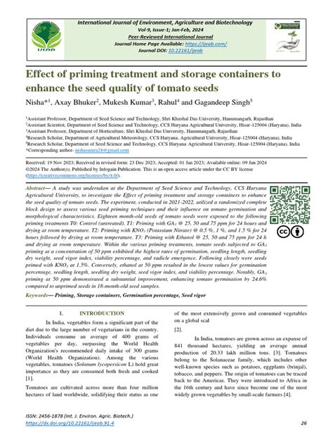 Effect Of Priming Treatment And Storage Containers To Enhance The Seed Quality Of Tomato Seeds