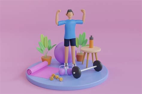 피트니스 장비를 갖춘 3d 청년 피트니스 체육관 개념 주전자 공 체육관 덤벨 피트니스 매트 보라색 배경에 병 근육 운동 보디
