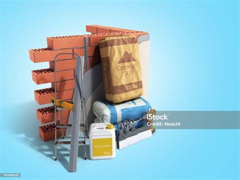 홈 리노베이션 구조 조정 프로세스 수리 벽 그림 새로운 집 건설 개념 벽돌 벽 석고 퍼 티와 시멘트 3d 블루 그라데이션에 렌더링 가리기에 대한 스톡 사진 및 기타 이미지