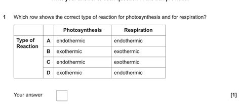 Gcse Ocr Gateway Biology Photosynthesis Which Row Shows The Correct Type