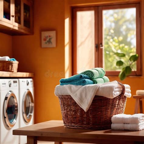 A Wicker Laundry Basket Filled With Folded Towels And Bottles Of
