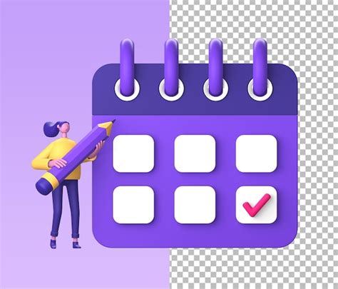 Ui Ux 디자인을 위한 달력 날짜 시간이 있는 연필을 들고 있는 3d 캐릭터의 보라색 그림 아이콘 프리미엄 Psd 파일