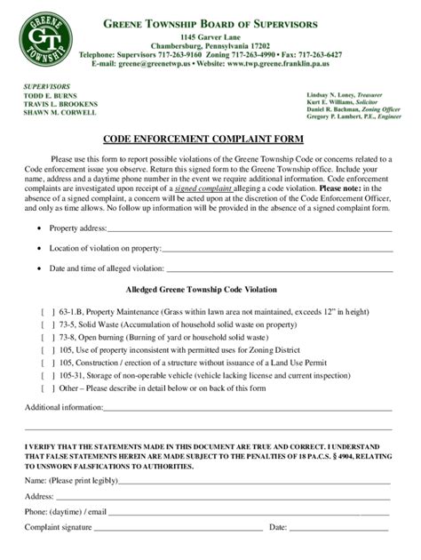 Fillable Online Code Enforcement Complaint Form Greene Township Fax