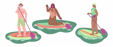 Sup 보드 세트에 서 있는 평면 디자인 사람들 무료 벡터
