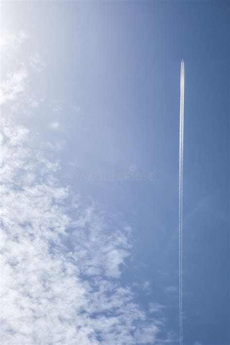 Huge Airplane Big Four Engines Aviation Airport Contrail Clouds Stock