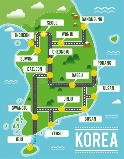 动画片韩国的传染媒介地图 与韩国主要城市的旅行例证 向量例证 插画 包括有 国家（地区） 艺术 信息 114079867