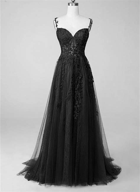 Black Sweetheart Tulle Straps Party Dress Black A Line Prom Dress