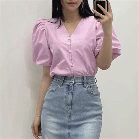 라이크민 여름 퍼프블라우스 브이넥 반팔 밴딩 크롭 숏 셔츠 블라우스 핑크 화이트